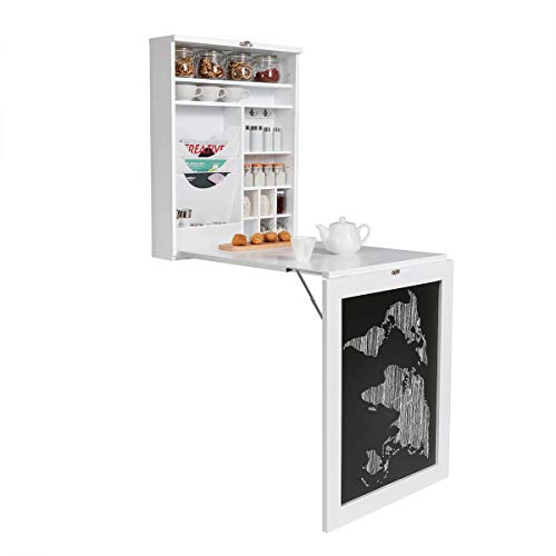 Tangkula Wall Mounted Desk, Floating Desk with Chalkboard, Space Saving Fold Up Desk Wall Mount Convertible Desk, Multi-Function Wall Mounted Table with Storage Shelves & Hooks(No Assembly Required)