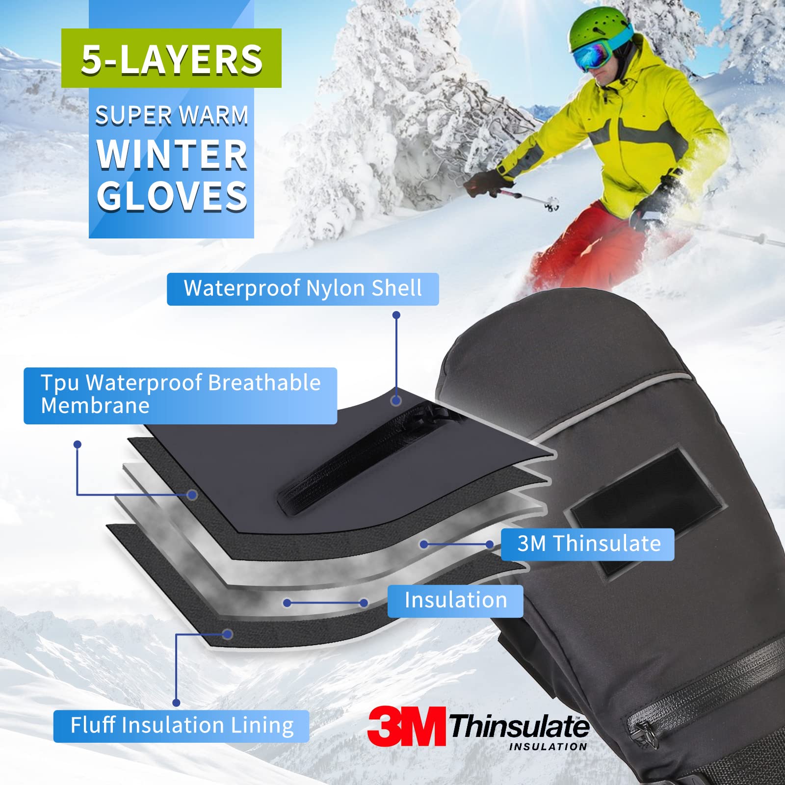 FUEMEILY Winter Ski Mittens for Men Women, Warm Snow Mitts for Cold Weather, 3M Thinsulate Gloves for Snowboarding Skiing