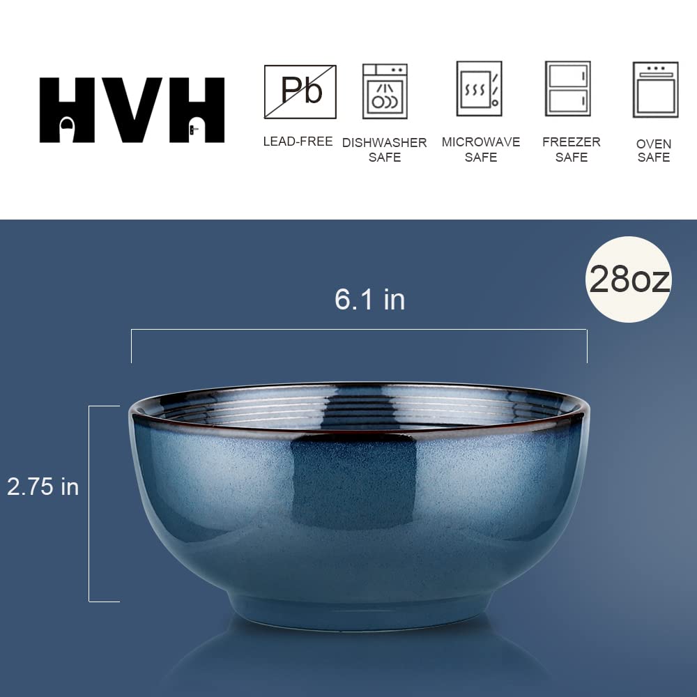 HVH Ceramic Cereal Bowls Set of 4, Soup Bowls Microwave Safe, 24 oz Ceramic Bowls for Kitchen, Salad, Oatmeal, Soup, Noodle, Farmhouse Style (Blue)