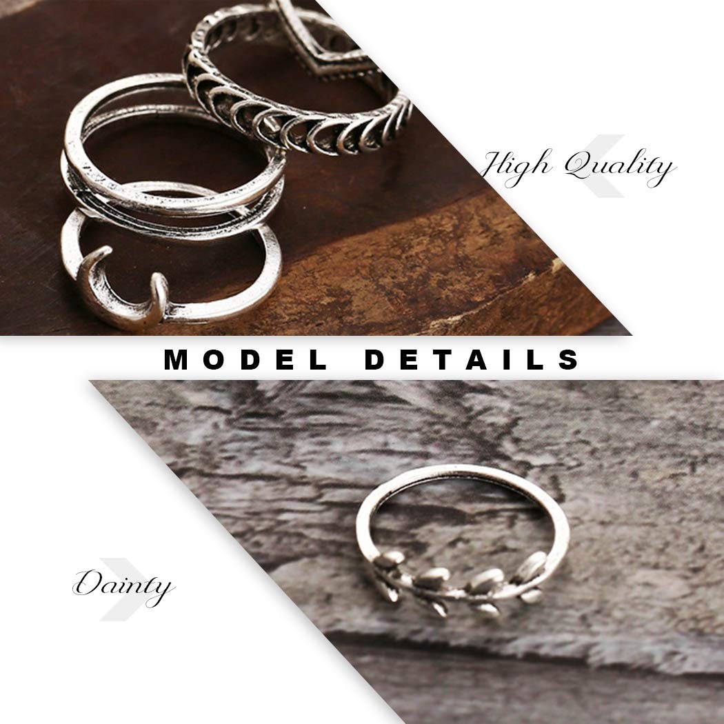 Evazen Boho Leaf Moon Knuckle Rings Vintage Silver Joint Knuckle Mid Ring Set with Crescent for Women and Girls (Set A)