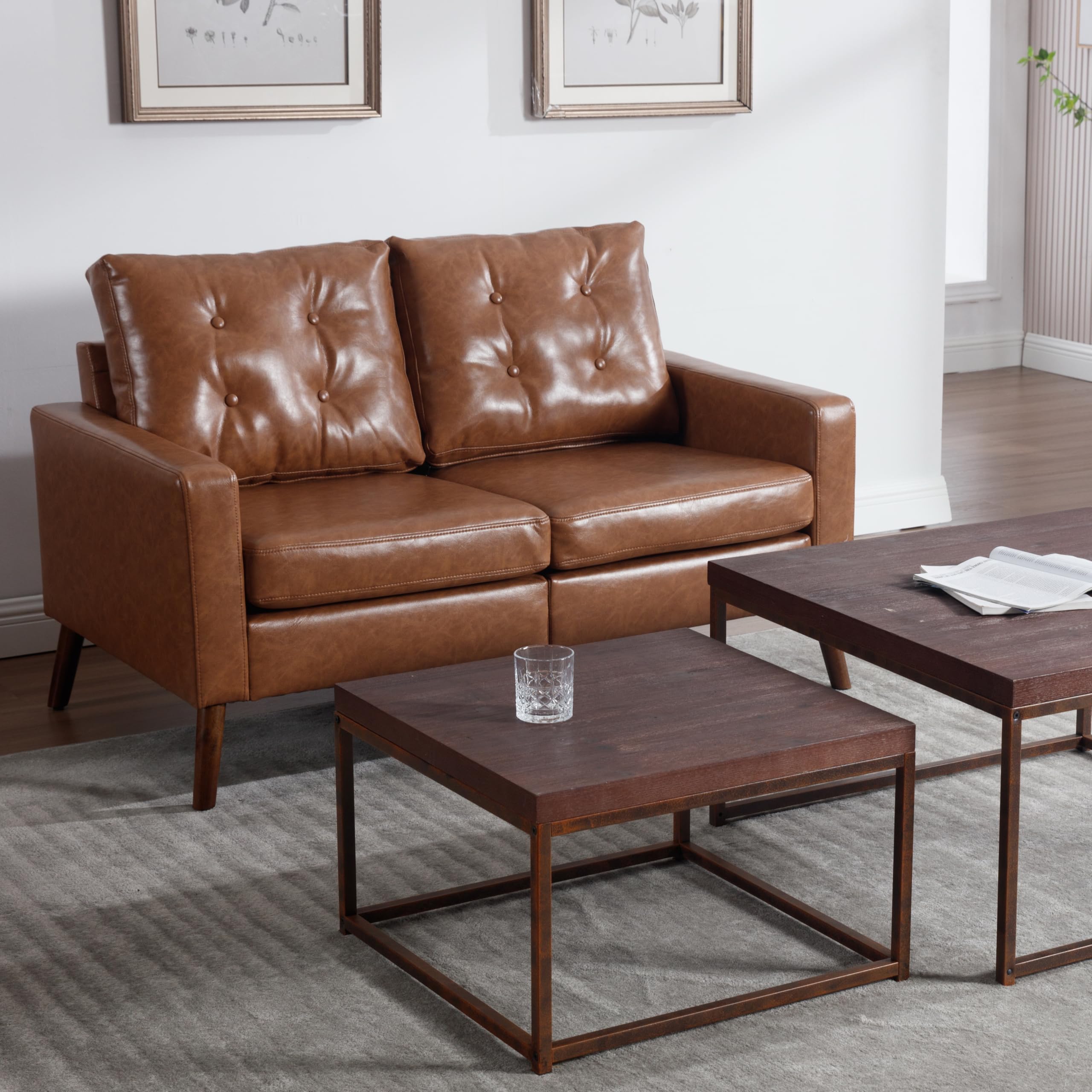 Modern Loveseat Couch Sofa, 53" PU Leather 2 Seat Sofa Couch with Comfy Upholstered Cushions, 2 Seater Button Tufted Sofas with Deep Seat for Small Spaces Living Room, Bedrooms, Apartment, Brown