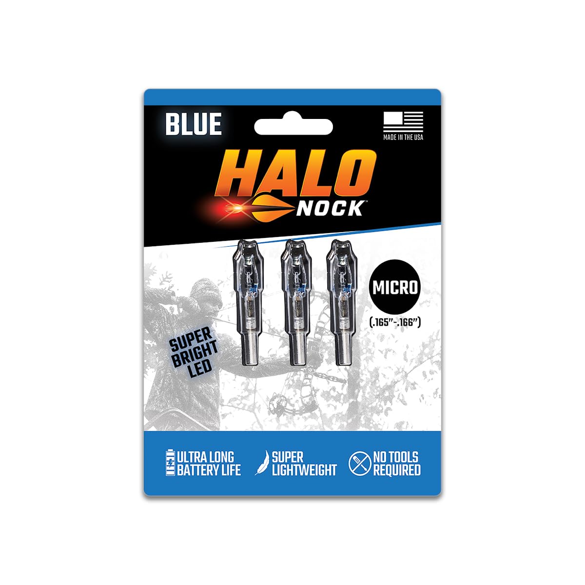 Halo Nock Micro Lighted Nocks for Archery & Bowhunting, Fits .165-.166 Internal Diameter Arrows, Blue, 3-Pack
