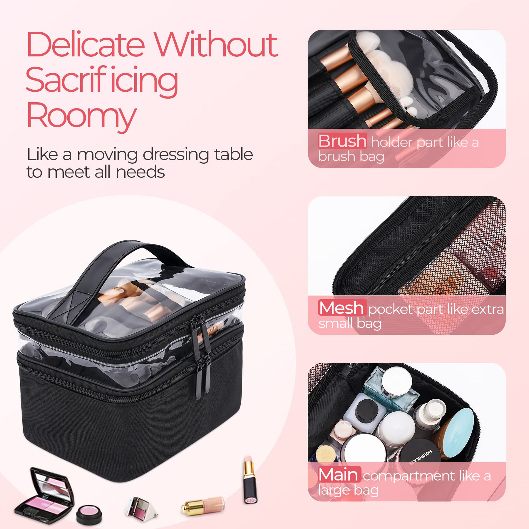 KIPBELIF Travel Makeup Bag Organizers- Multifunction Double Layer Make up Cosmetic Bags with Carry Handle