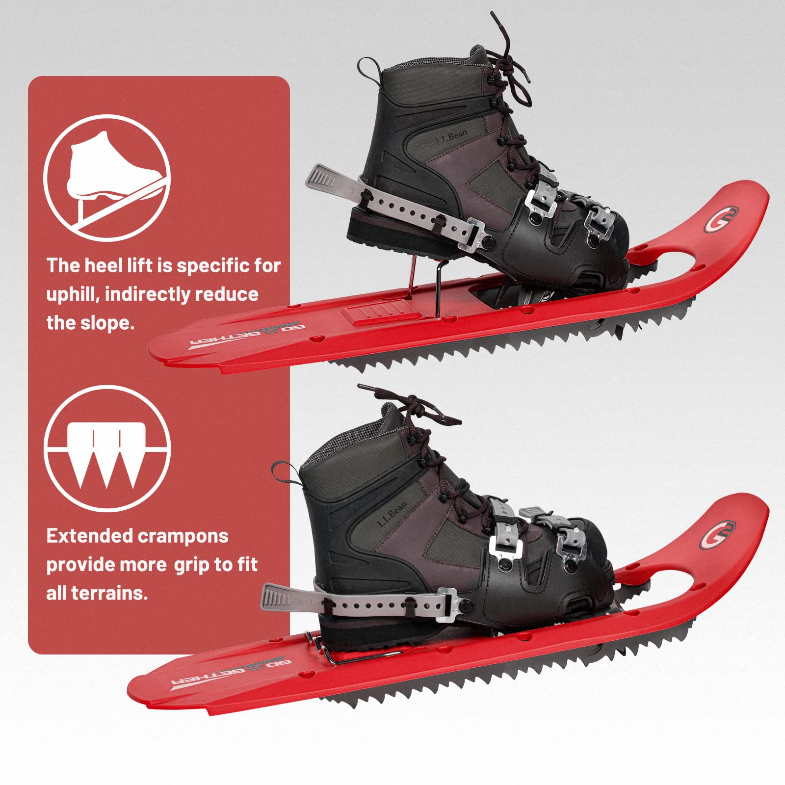 G2 25 Inch Mountain Terrain Snowshoes with Trekking Poles Set, Improved Extended Crampon, EVA Foam Padded, Flexible Pivot Bar, Tote Bag, Grey