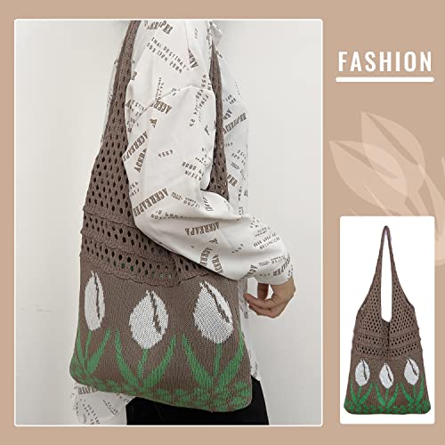 FUKZTE Women's Shoulder Handbags Trendy Flower Knitted Shoulder Bags Mesh Hollow Cute Tote Bag,09 Style