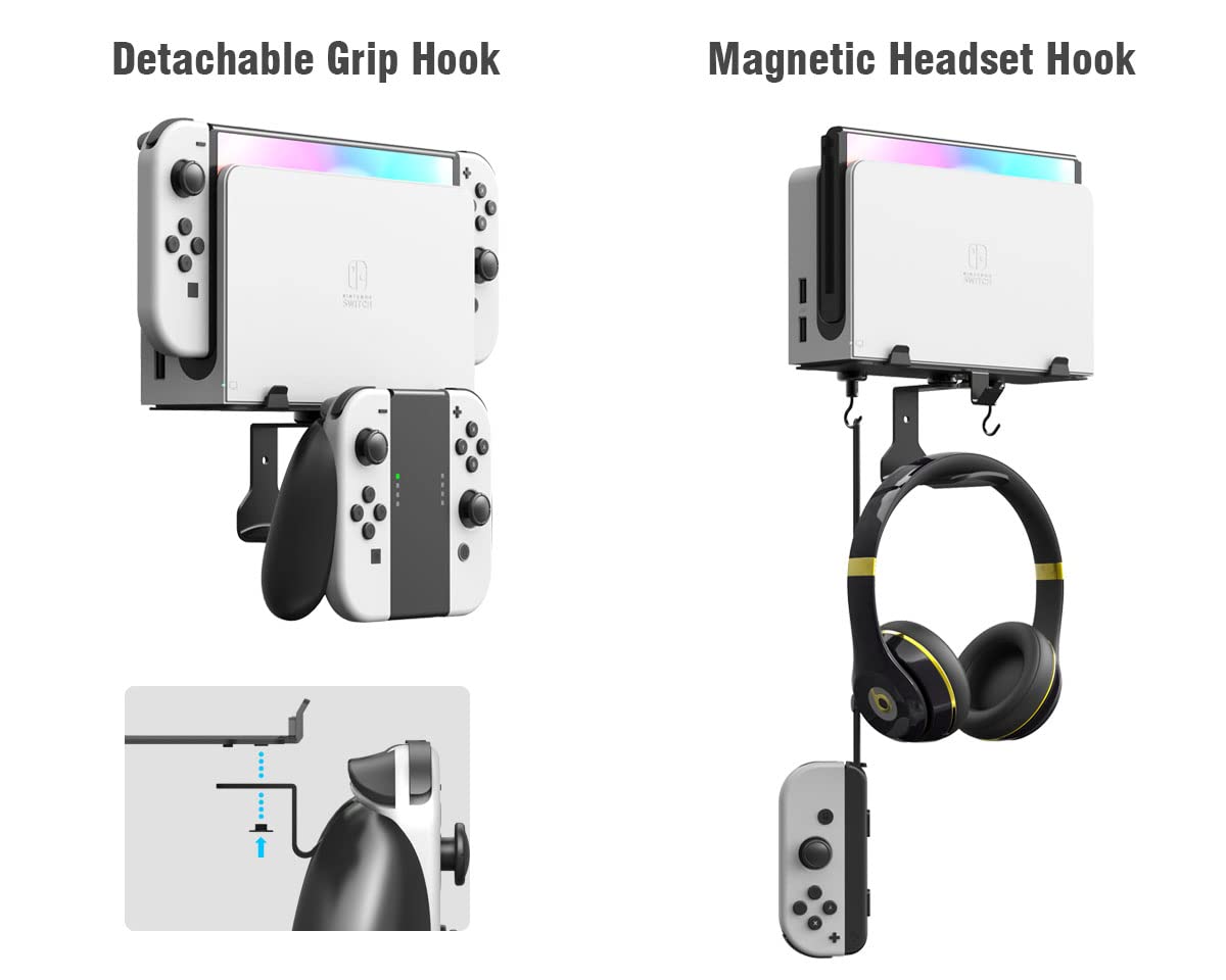 ElecGear Magnetic Wall Mount for Nintendo Switch, Holder for Old and New OLED Dock, 2X Joy-Con Controller, Gaming Headset and Charging Grip, Built-in Magnets and Level fits Various Wall Type