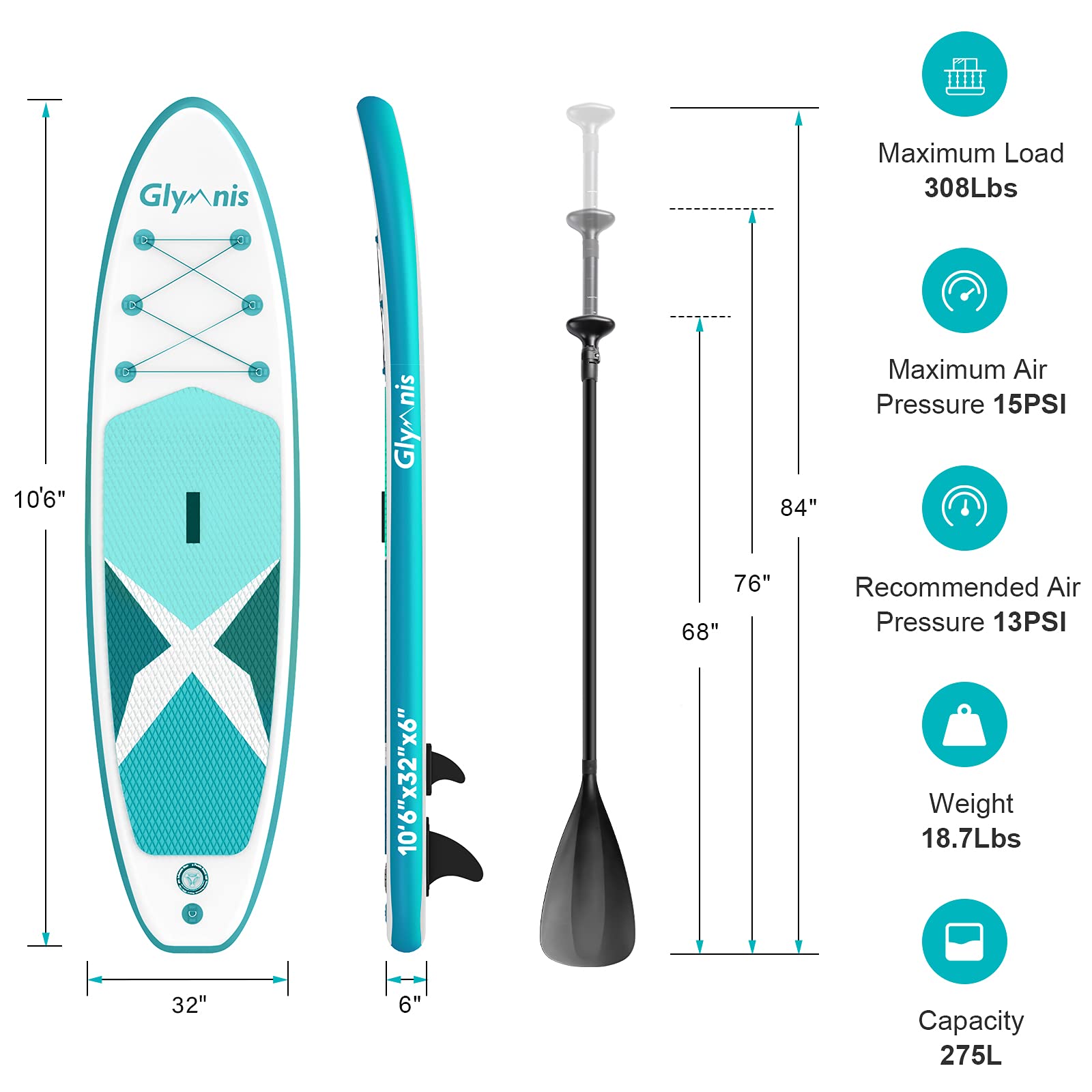 Glymnis Inflatable Stand Up Paddle Board 320x80x15cm SUP Board with Adjustable Paddle Air Pump Carry Backpack Leash & Repair Kit for Beginners Adults Kids Mint Green