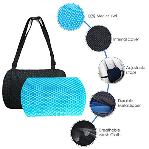 Gel Lumbar Support Pillow for Office Chair Back Support Pillow for Car, Wheelchair, Gaming Chair, Recliner - Gel Back Cushion for Back Pain Relief Improve Posture - Mesh Cover Double Adjustable Straps