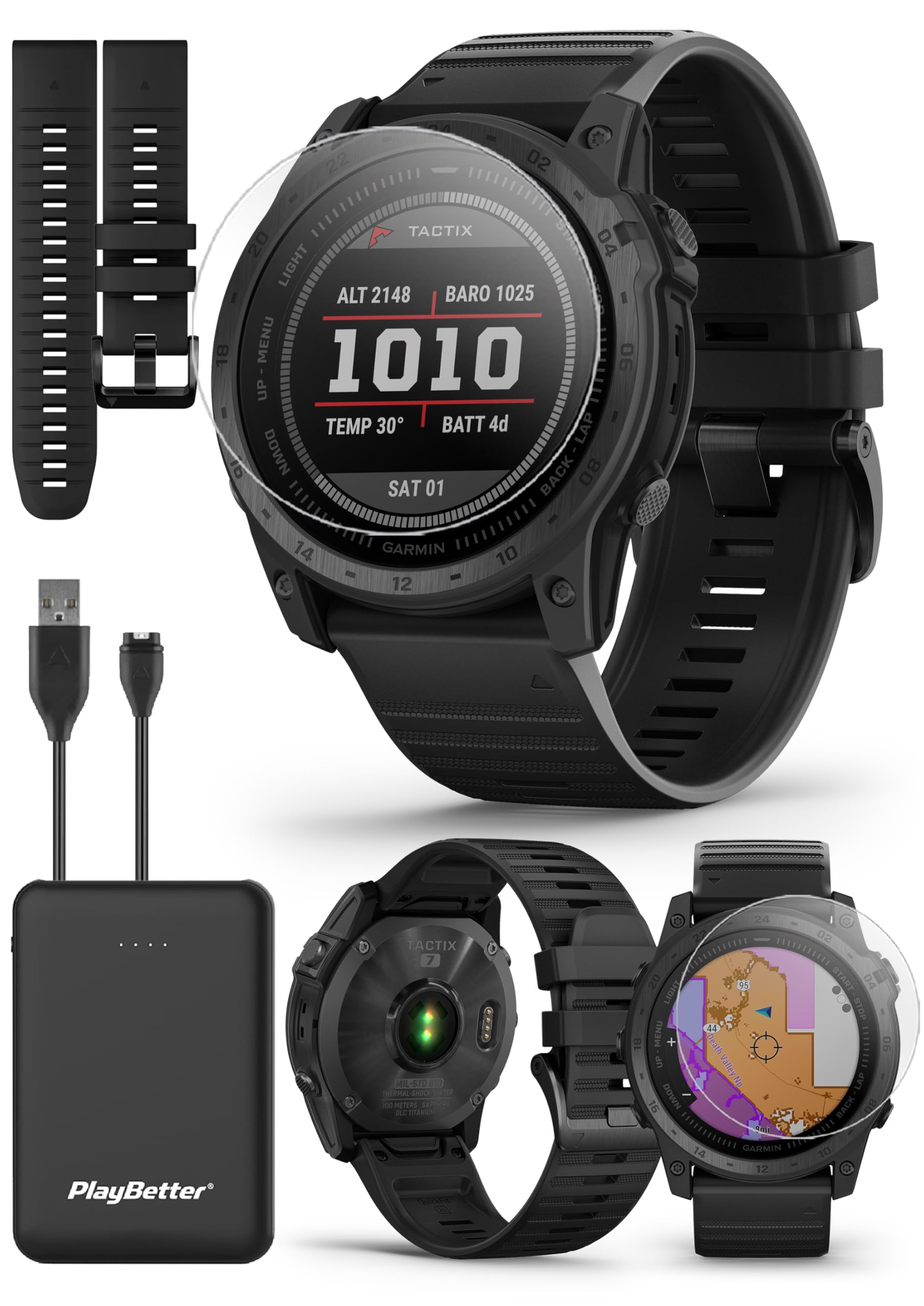 Garmin tactix 7 Tactical GPS Watch Bundle - Ruggedly Built, Built-in LED Flashlight, Multi-GNSS - Includes PlayBetter HD Screen Protectors & Portable Charger
