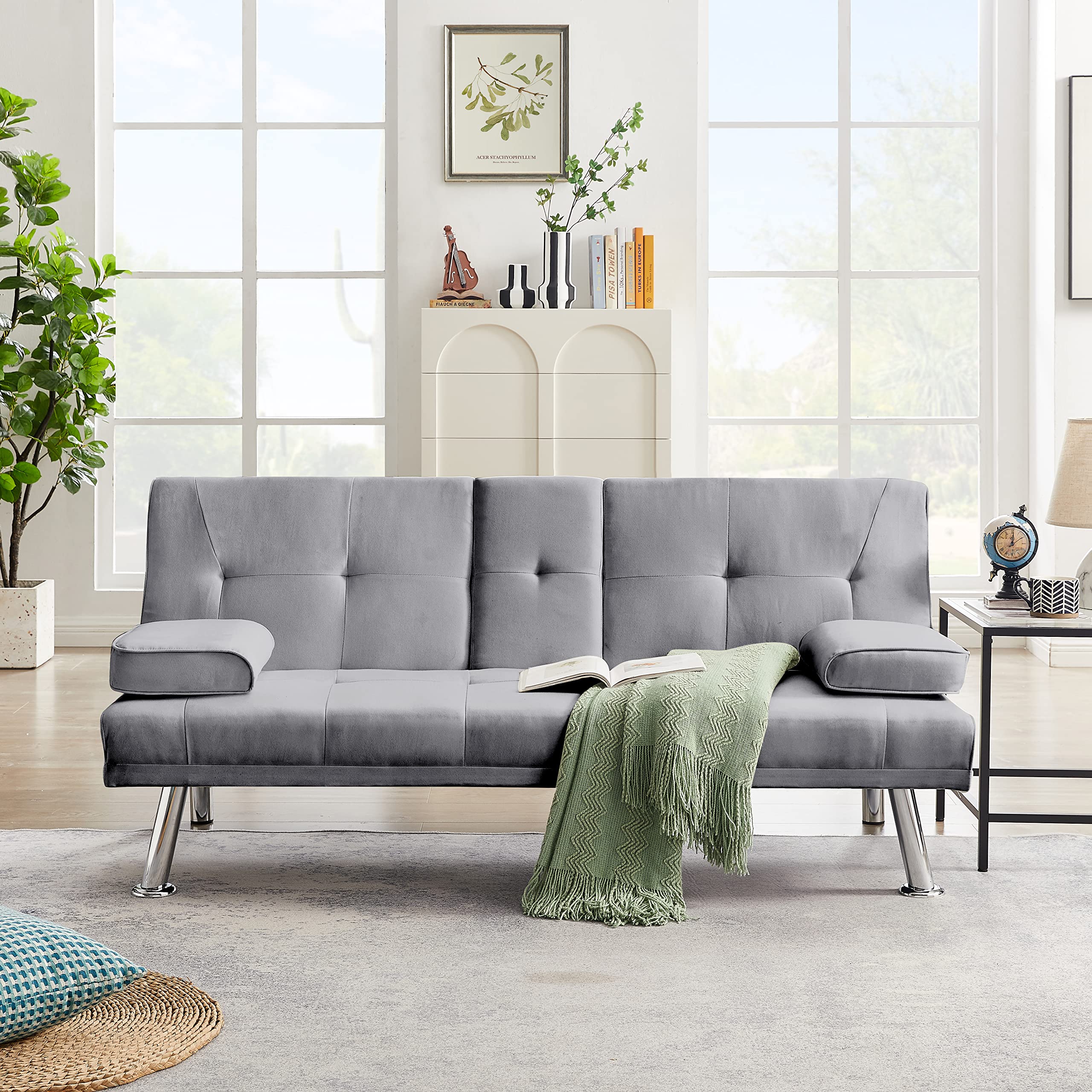 Eafurn Button Tufted Convertible Futon Sofa Bed, Linen Upholstered Loveseat Couch, Modern Folding Sofabed with Cup Holders and Golden Legs, Reclining Small Guest Daybed for Living Room, Dorm