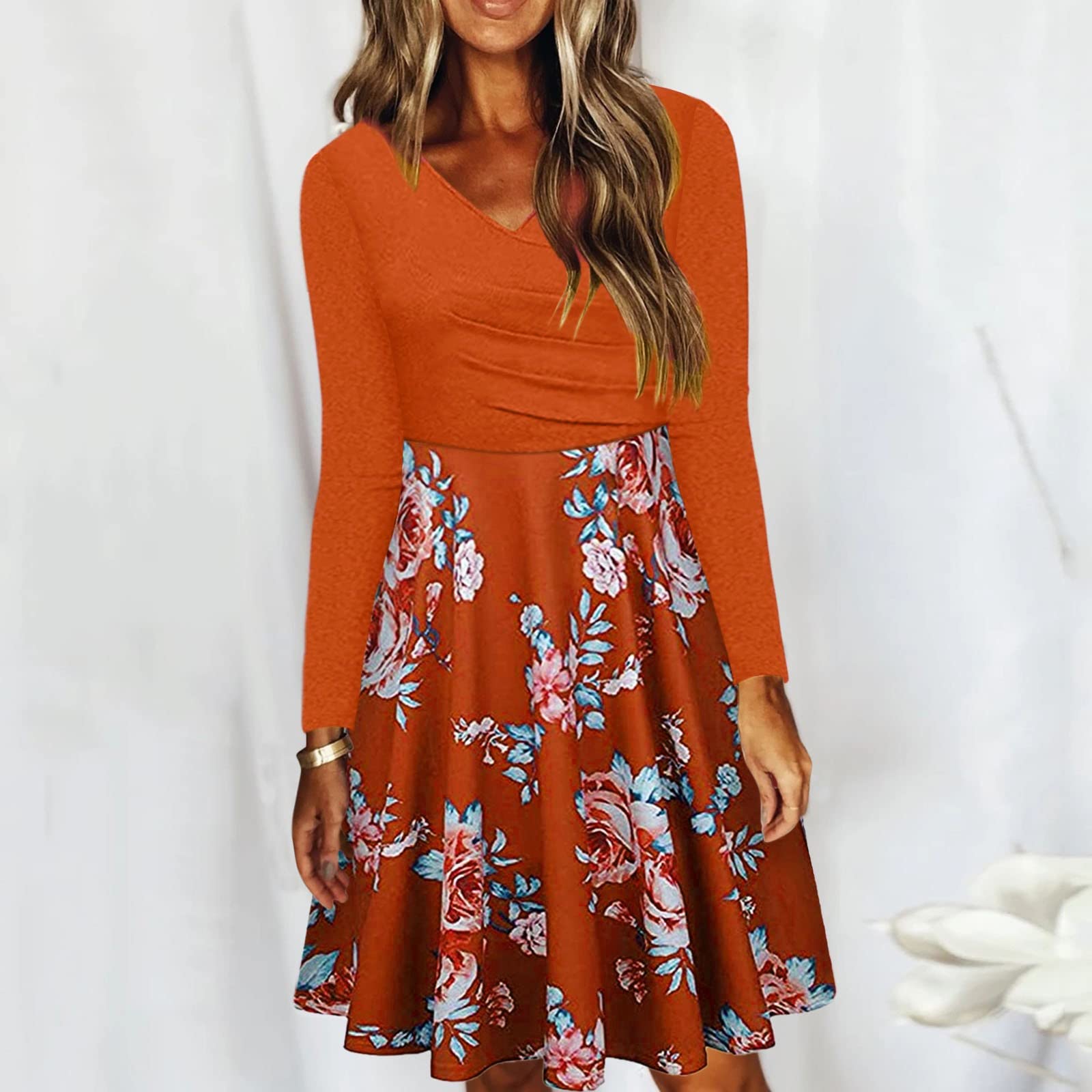 Floral Patterned A-Line Dress Womens Casual Pleated Midi Dress Deep V Neck Ruched Long Sleeve Swing Dress Red
