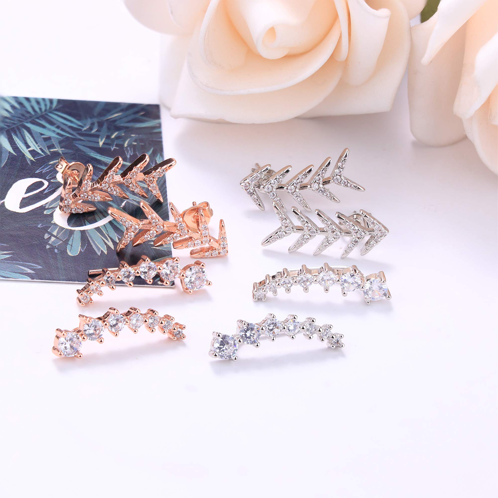 FUNRUN JEWELRY 8 Pair Ear Cuff Hoop Climber Earring CZ Arrow Leaf Crawler Earring Set for Women Ear Jacket