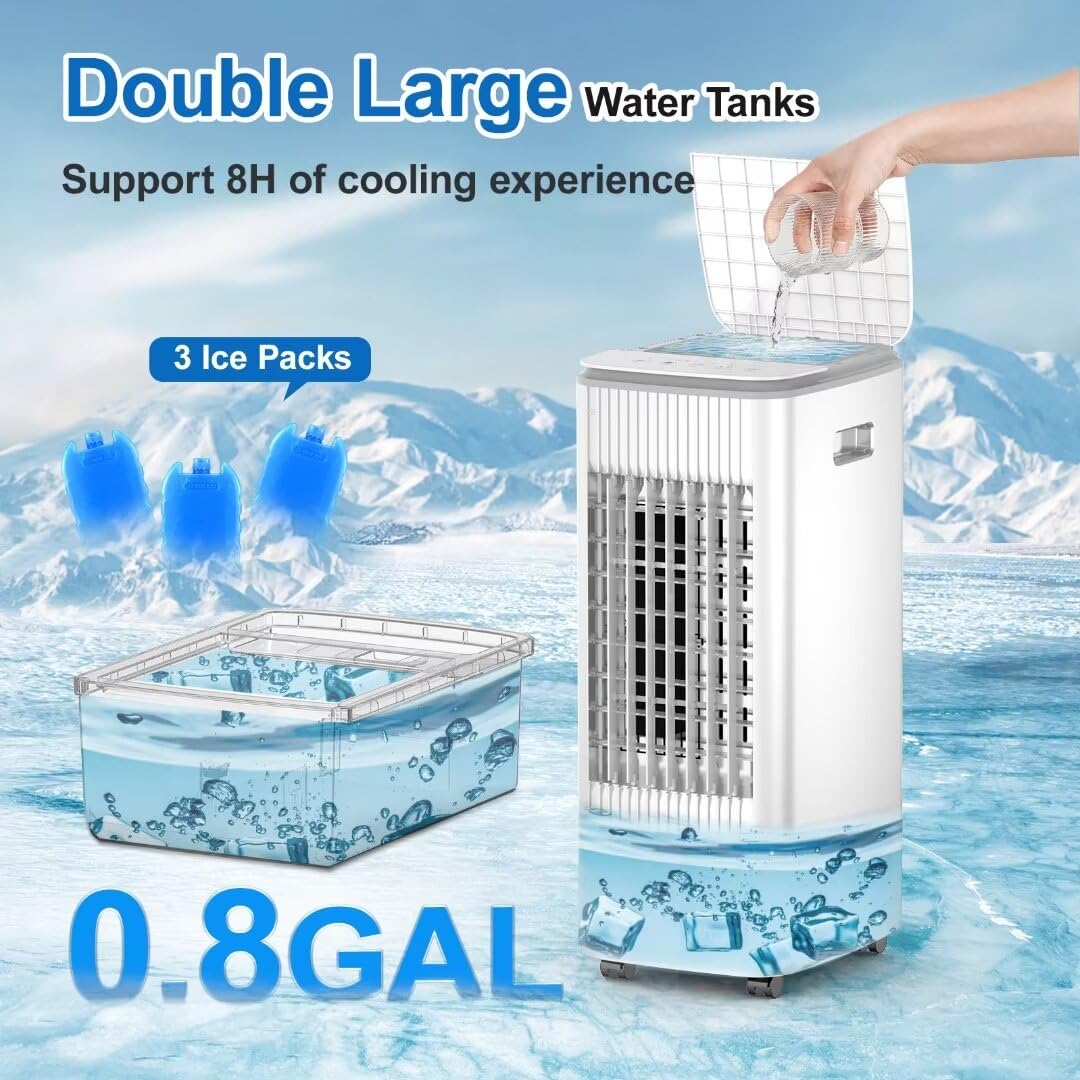 Portable Air Conditioner Evaporative Cooler Ac Unit,BEBEGINE Swamp Cooling Fan Without Hose,3-IN-1 Windowless Ventless for Room Offices,Remote,3 Speed,Water Tank,3 Ice Pack Large