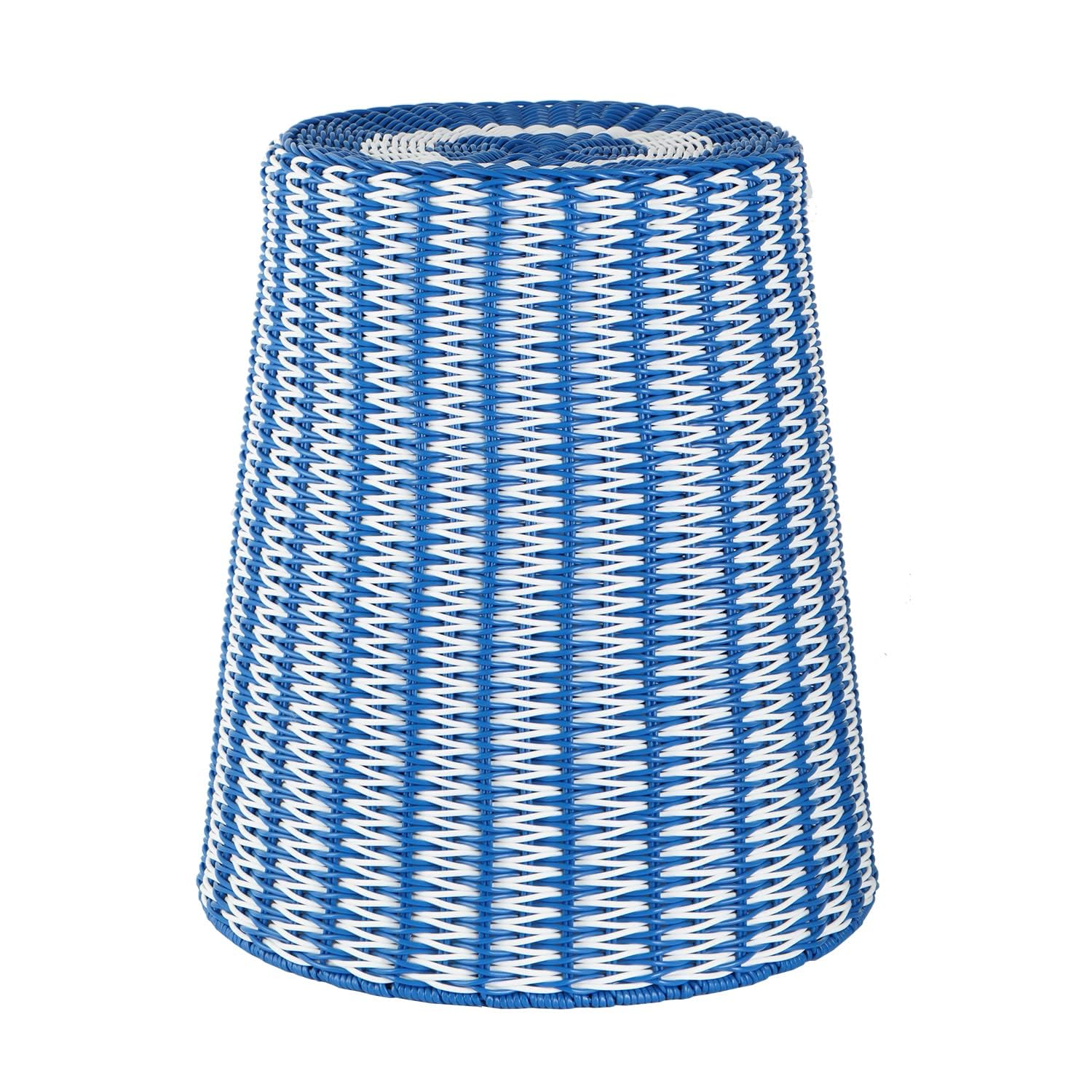 DUSVALLY Wicker Stool for Patio & Garden, Decorative Outdoor Woven Wicker Accent Side Table Storage Stool Basket, 18" H Ottoman Footstool for Bedroom Balcony Deck Seat Furniture, Blue