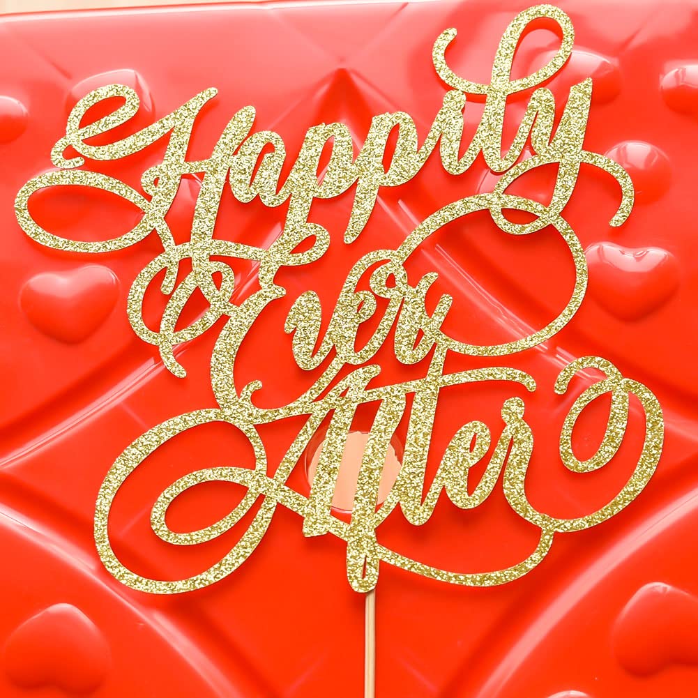 Happily Ever After Cake Topper - Glitter Wedding, Engagement, Bridal Shower, Bachelorette Party Decorations Gold