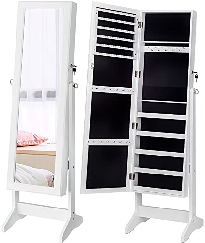 YOKUKINA Jewelry Cabinet Free Standing Large Storage Lockable Armoire, Full Length Dressing Mirror Organizer(White)