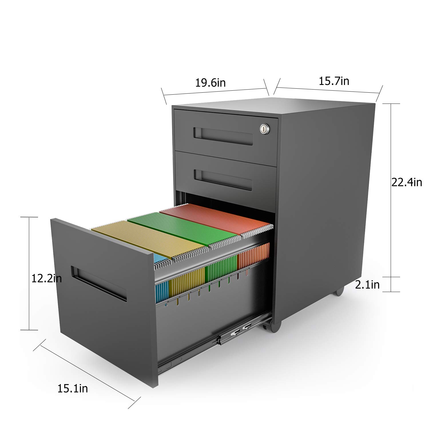 FORSTEEL File Cabinet, 3 Drawers Mobile Filing Cabinet with Lock, Steel File Cabinet A4 Size, Fully Assembled with Anti-tilt Setting for Home Office (Black)