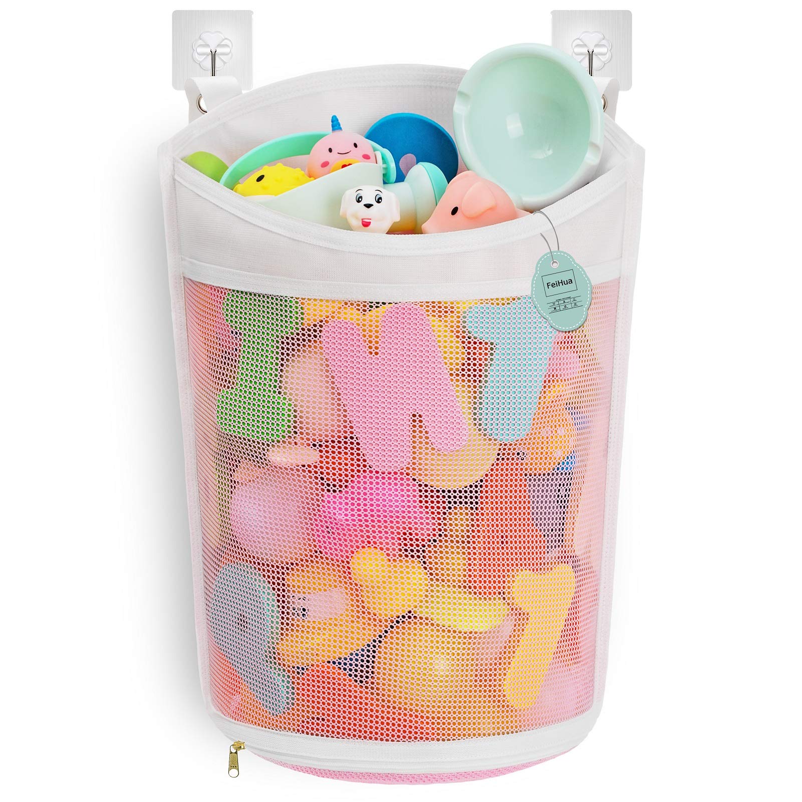 FHDS Clever Zippered Mesh Bath Toy Organizer, Multiple Ways to Hang, Ultra Large Capacity & Large Opening, Multi Use Bathtub Toy Storage Bag ( Large, Pink )