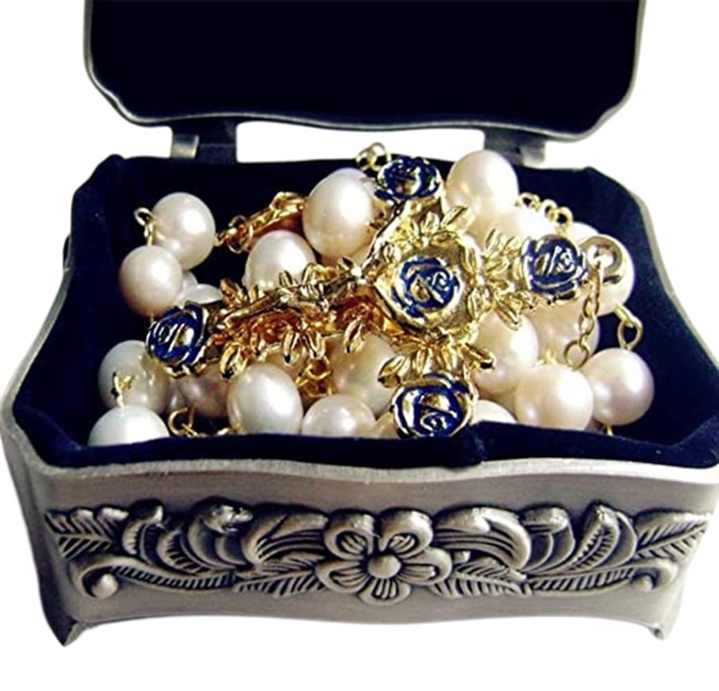 elegantmedical HANDMADE (AAA 10MM) Real Pearl BEADS CATHOLIC GOLD ROSARY CROSS GIFT NECKLACE Supper BOX