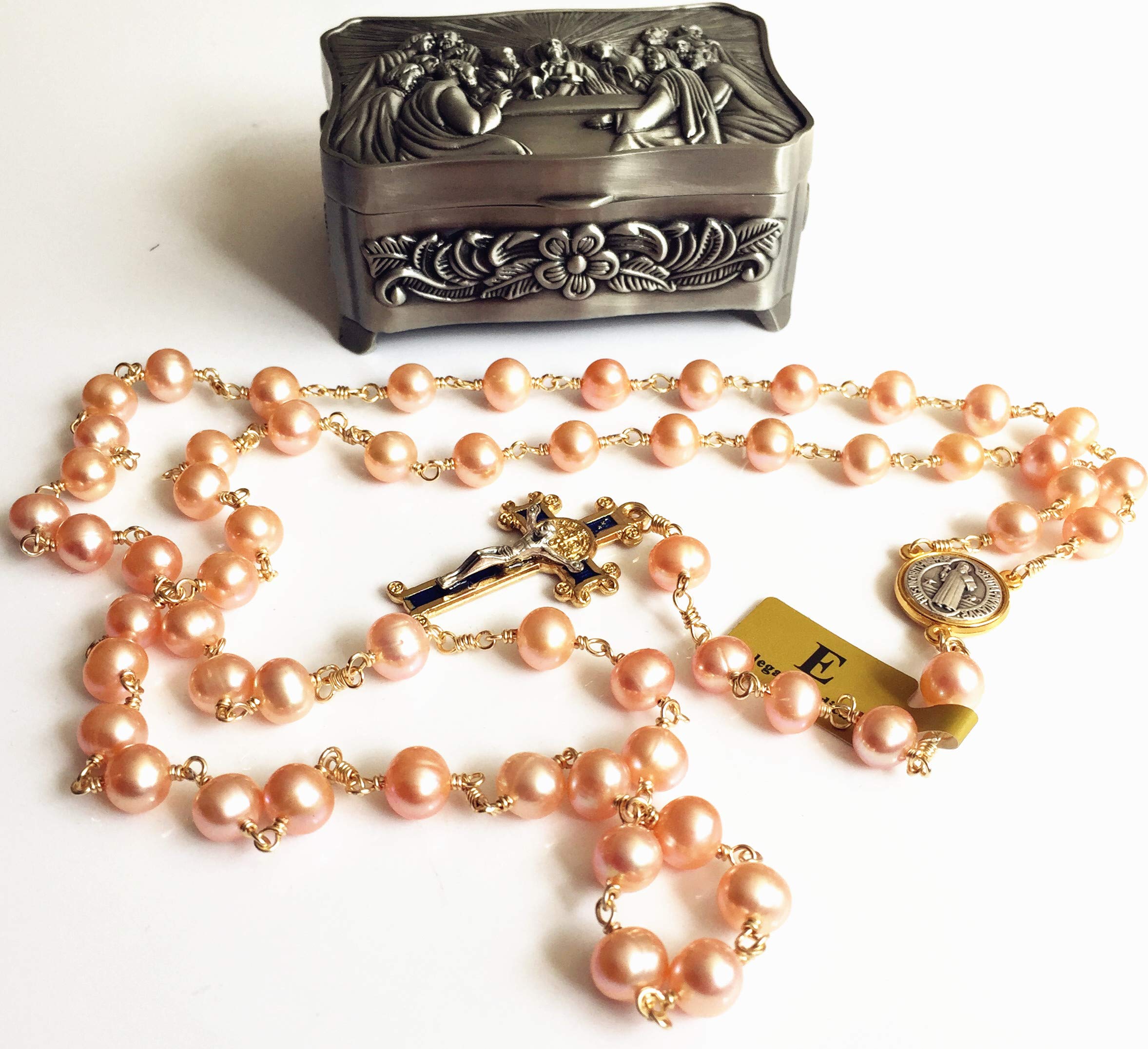 elegantmedical Pink 8mm Real Pearl BEADS St. Benedict GOLD ROSARY CROSS Necklace & box Catholic GIFTS