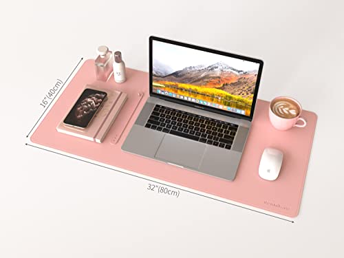RENMTURE Dual-Sided Desk Pad, Natural Cork & PU Leather Large Mouse mats for Office and Home Work, Desk Protector Non-Slip, Waterproof, Easy Clean (Pink, 32"x16")