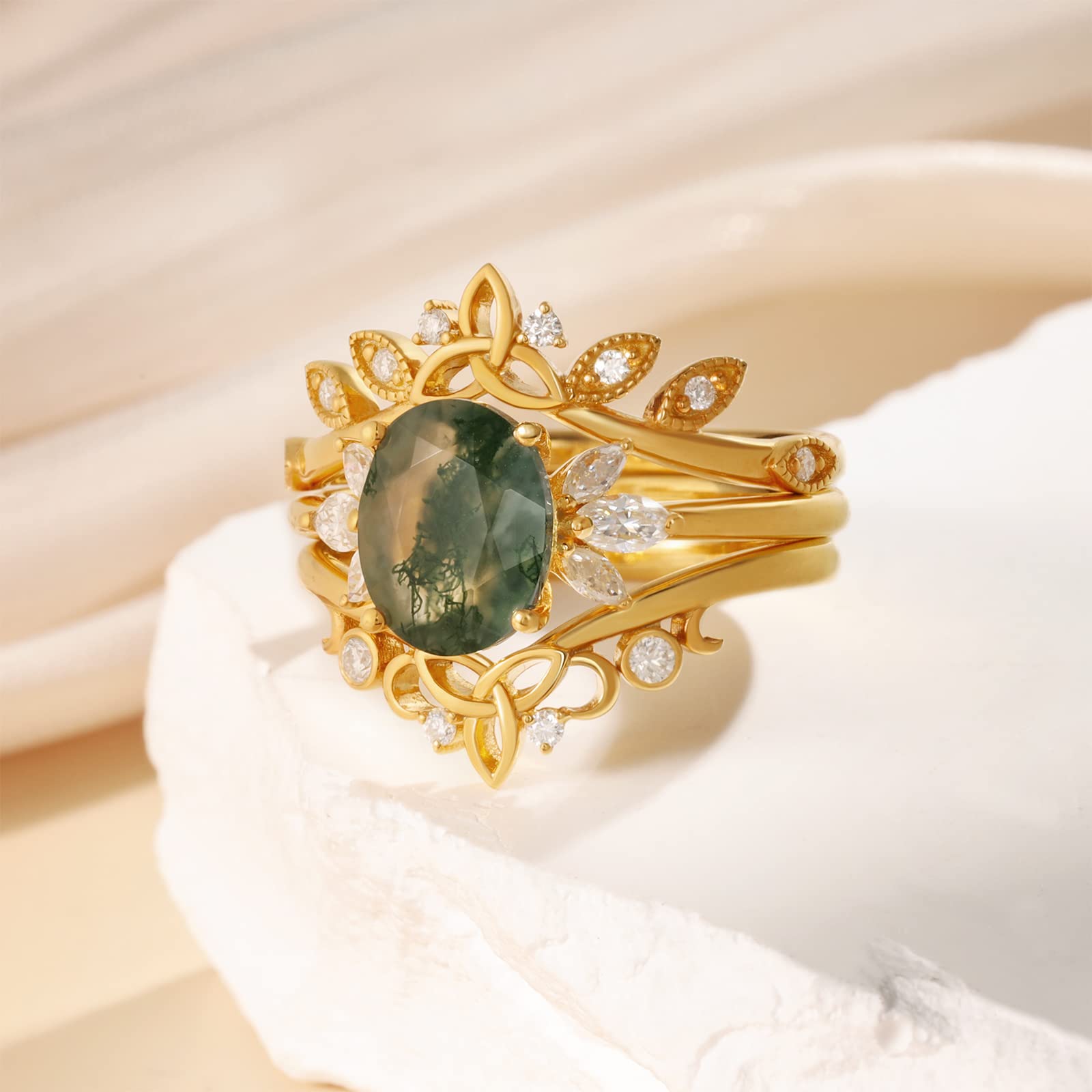 GEME Oval Moss Agate Women's Engagement Ring, 925 Silver Black Rutilated Quartz Promise Rings 18K Plated Jewelry with moissanite for Her Lady Women