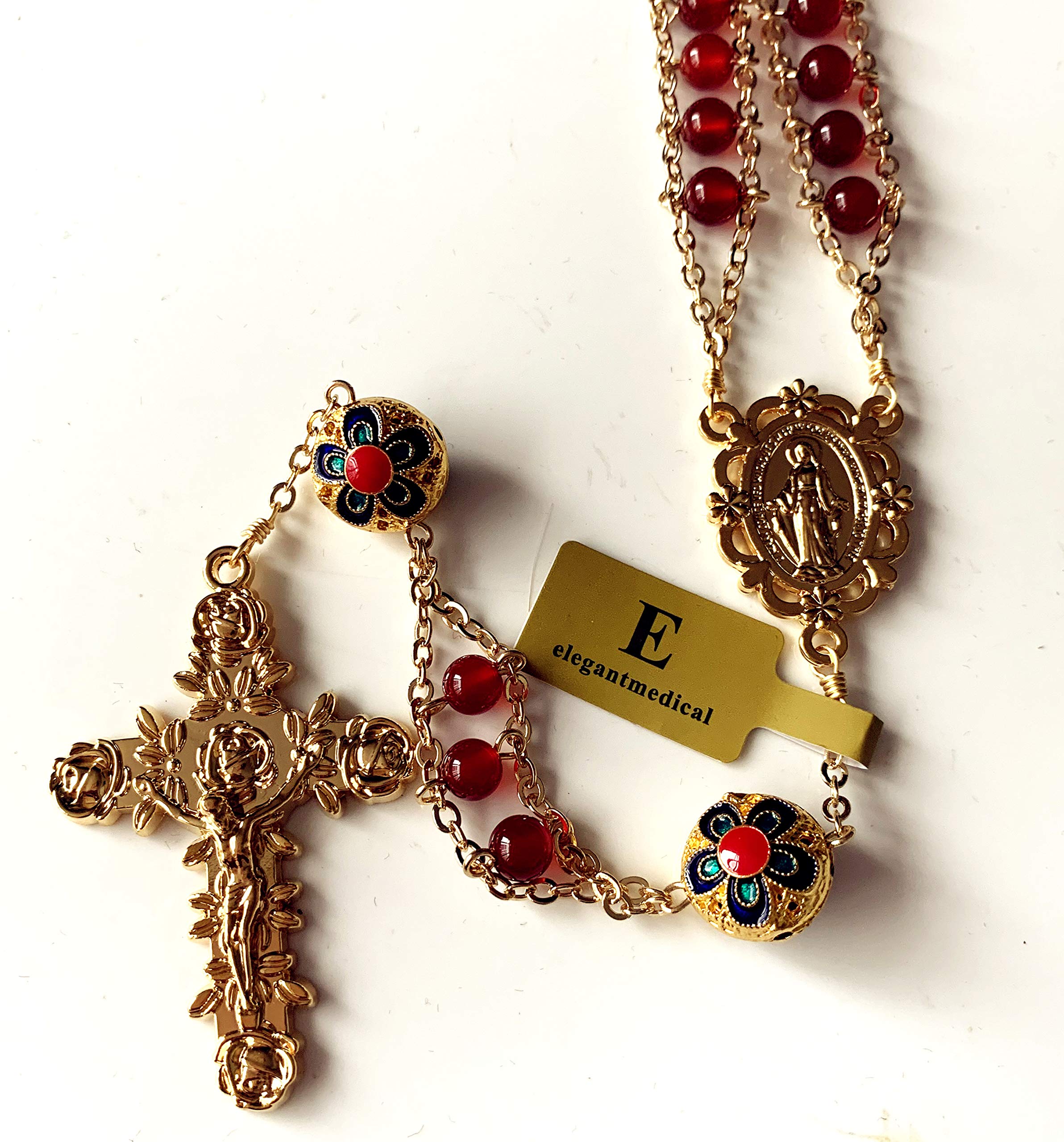 elegantmedical handmade Gold Ladder to Heaven Red Agate & Enamel Beads Catholic Rosary crucifix Necklace