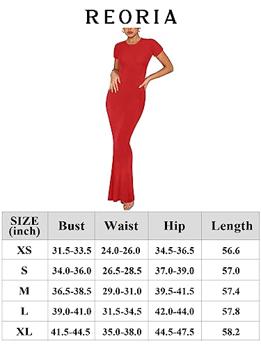 REORIA Women's Summer Sexy Casual Lounge Long Dress Elegant Wedding Guest Short Sleeve Crew Neck Bodycon Maxi Dresses Rose Red Medium