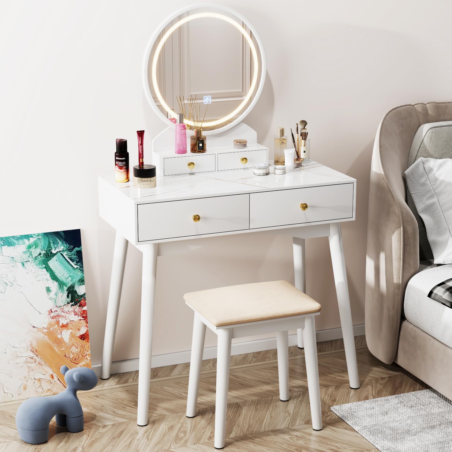 JUMMICO Makeup Vanity Desk with Round Mirror and Lights, Vanity Table Makeup Desk 4 Storage Drawers 3 Adjustable Colors LED Lights Matched Soft Cushioned Stool for Girls Bedroom (White) β¦