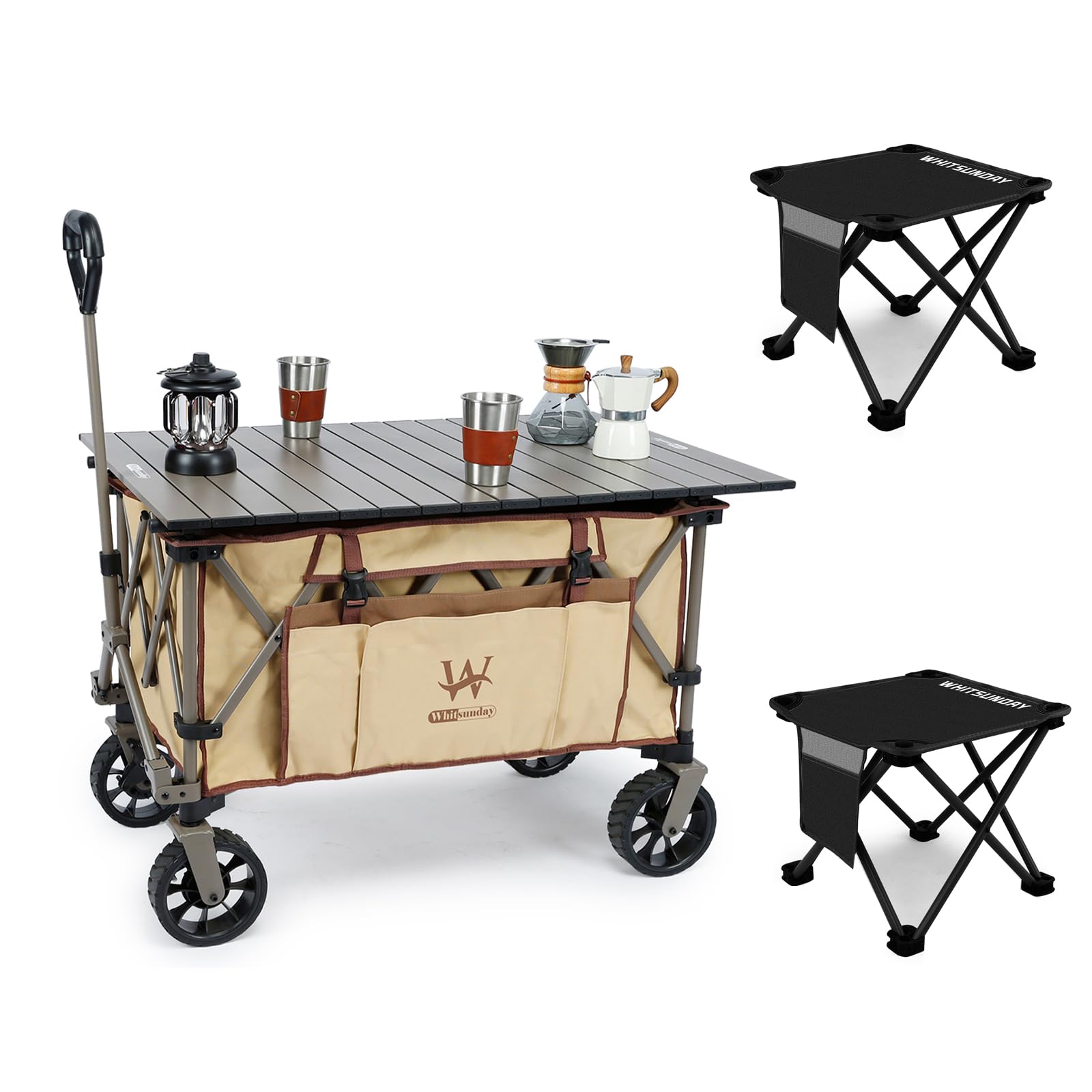 Folding Collapsible Wagon +Folding Stools*2, Utility Camping Park Wagon Cart with Aluminum Table Plate, Utility Camping Park Wagon Cart with Aluminum Table Plate