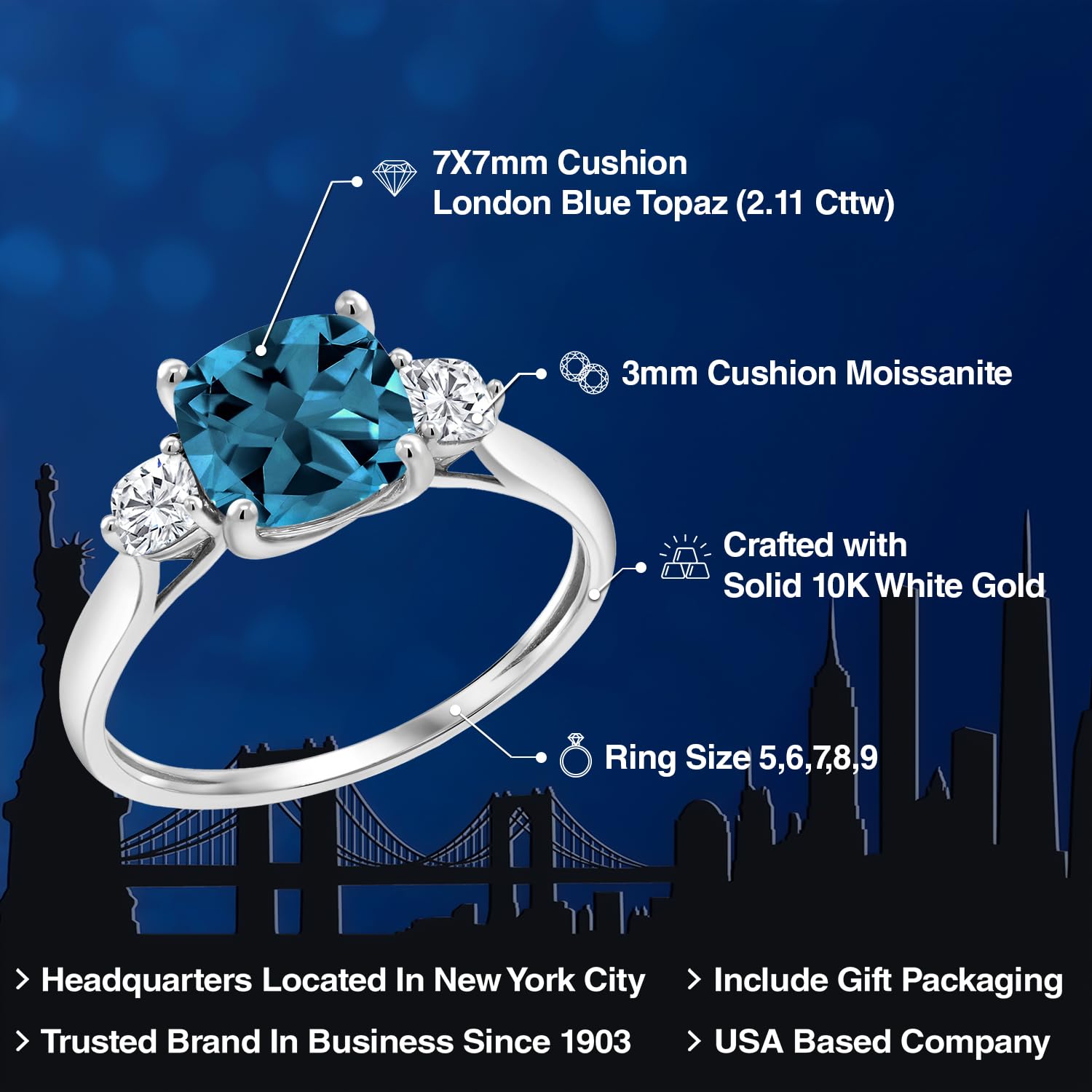 Gem Stone King 10K White Gold London Blue Topaz & White Moissanite 3 Stone Engagement Ring For Women | 2.11 Cttw | Cushion 7MM | Gemstone Birthstone (Size 9)