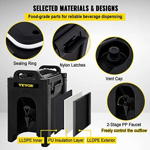 VEVOR Insulated Beverage Dispenser, 2.5 Gal, Double-Walled Beverage Server w/PU Insulation Layer, Hot and Cold Drink Dispenser w/ 2-Stage Faucet Handles Nylon Latches Vent Cap, NSF Approved, Black