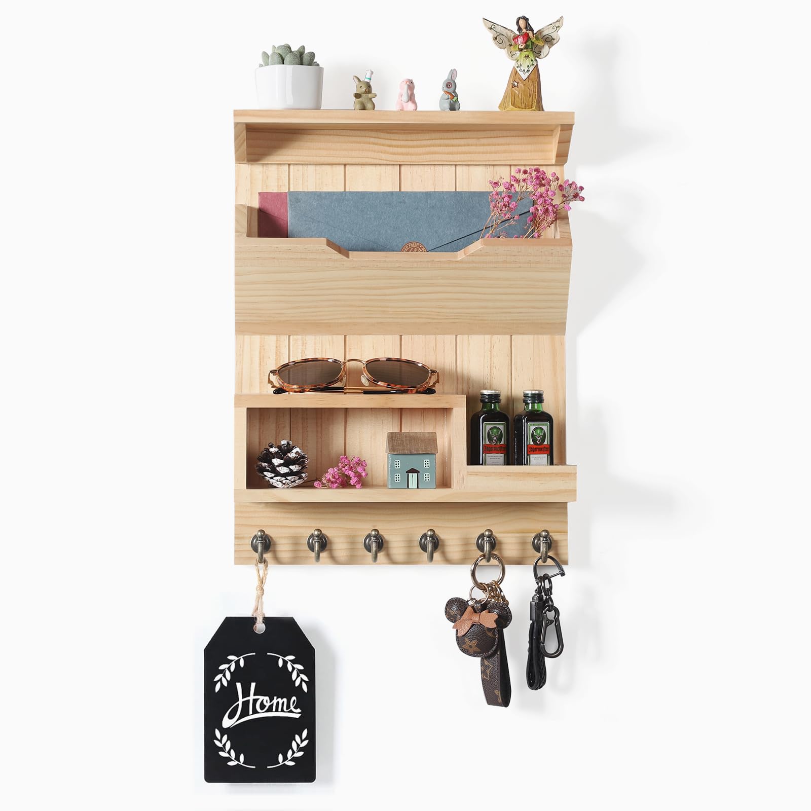 Dythner Key Holder for Wall, Elegant Wall-Mounted Mail Organizer, Key and Mail Holder for Wall with 6 Key Hooks, Key Racks for Rustic Home Decor, Pine Wood Luxury Black Plus