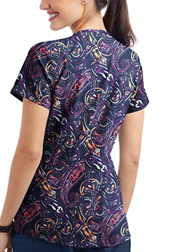 Tafford Active Stretch Women's Elegant Paisley Navy Print Scrub Top β Rounded V-Neck Medical Scrub Top (3X-Large)