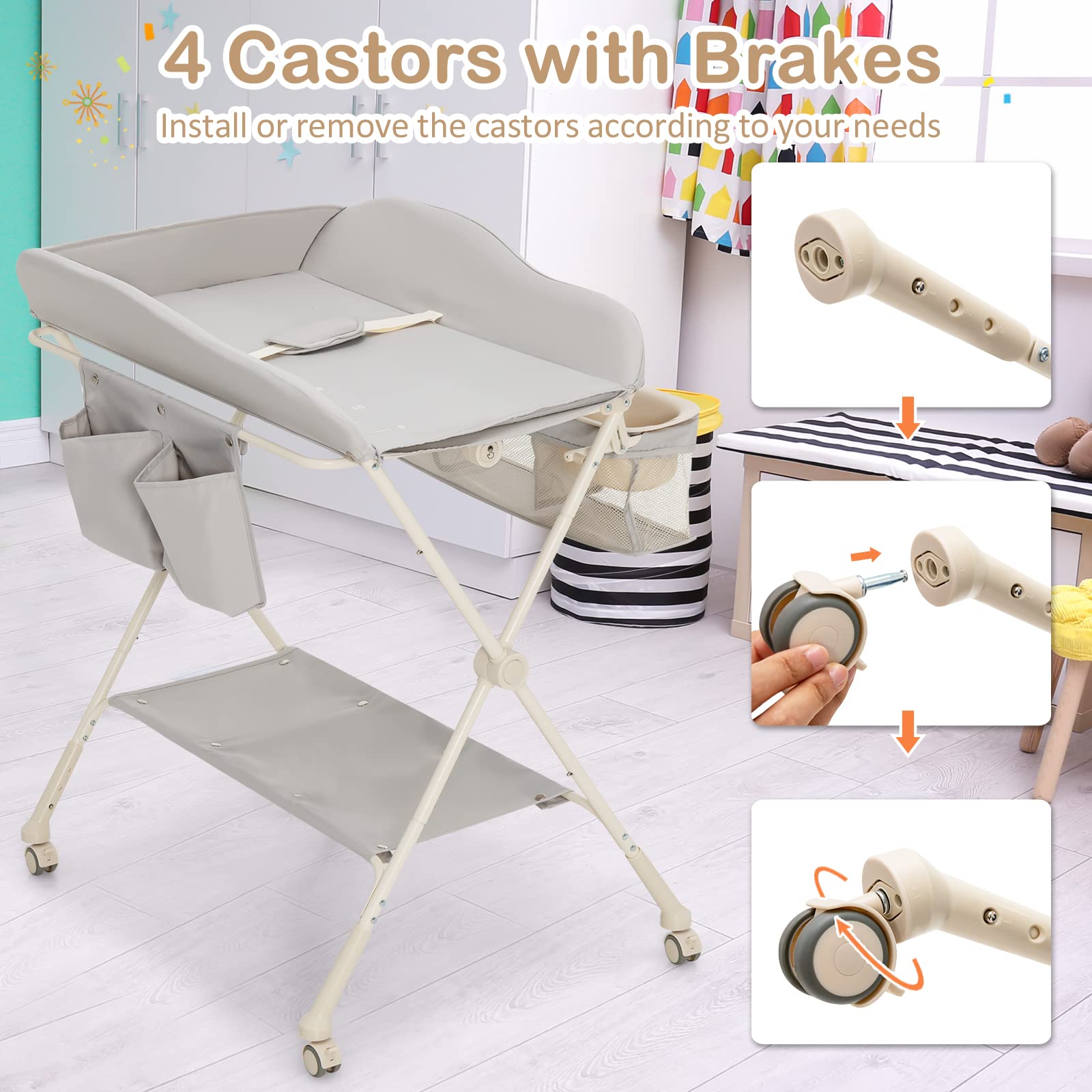 GLACER Foldable Diaper Changing Station, Height Adjustable Changing Table with Storage, Removable & Lockable Wheels, Safety Belt, Water Basin, Mobile Nursery Organizer for Baby Infant Newborn (Gray)
