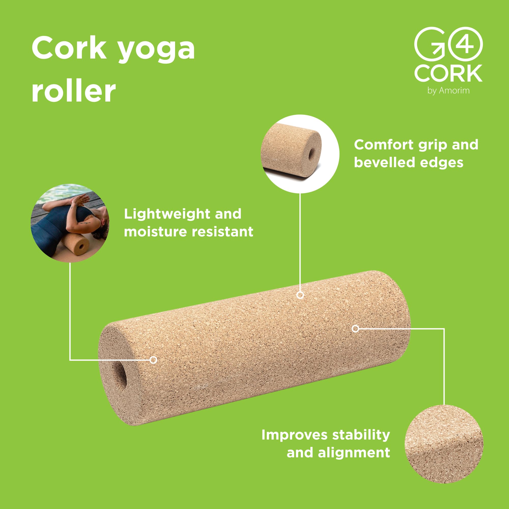 Go4Cork Smooth Cork Yoga Roller and Massage Roller for Massage, Stretching, Tension Relief & More | Non-Slip, Durable, Hypoallergenic & Sustainable Yoga Roller, 18" x 6", (Natural Cork)