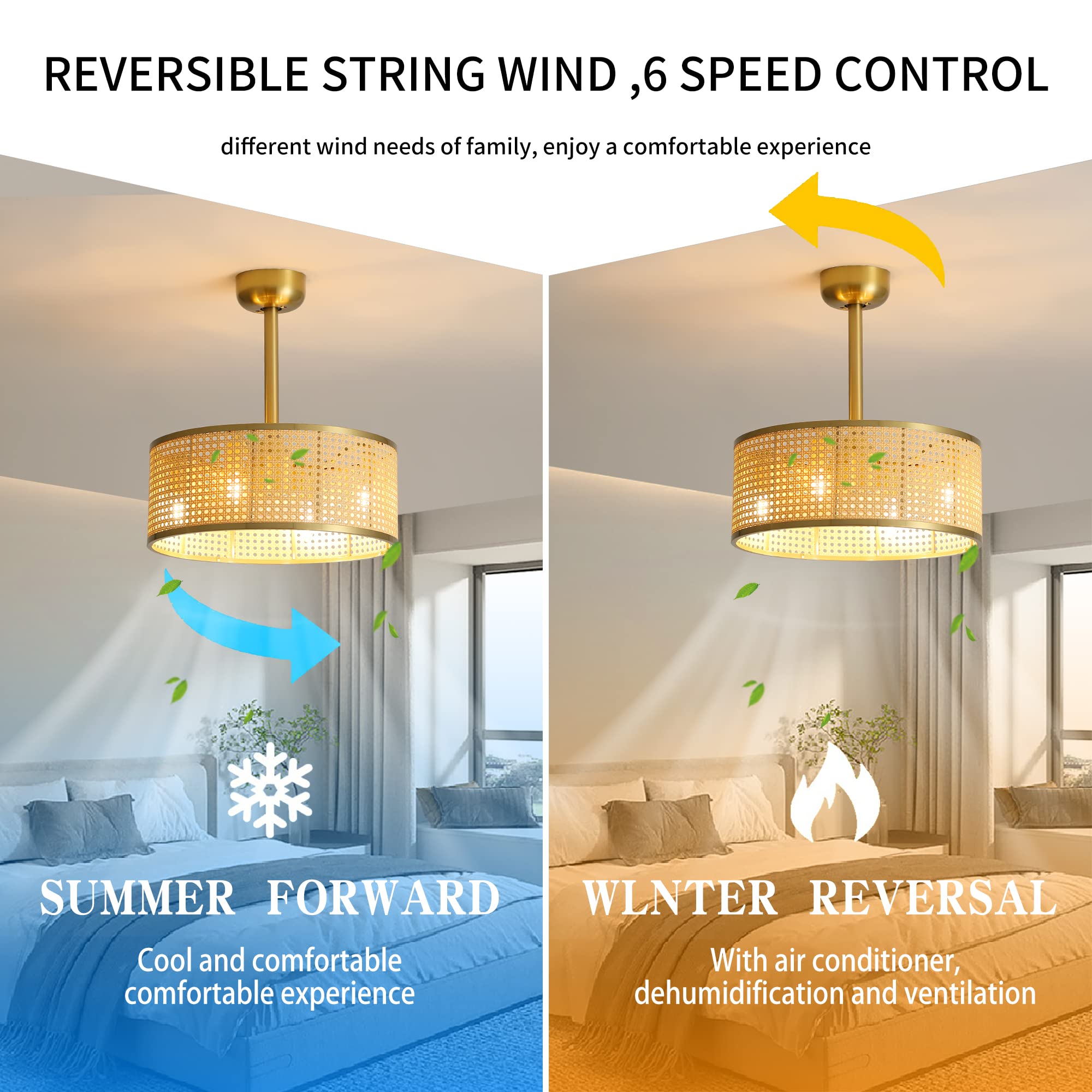 ELEHINSER Caged Ceiling Fan with Light and Remote Control, 12" Enclosed Flush Mount Rattan Ceiling Fan, Farmhouse Low Profile Ceiling Light Fixtures Fandelier Bladeless Fan for Bedroom, Kitchen