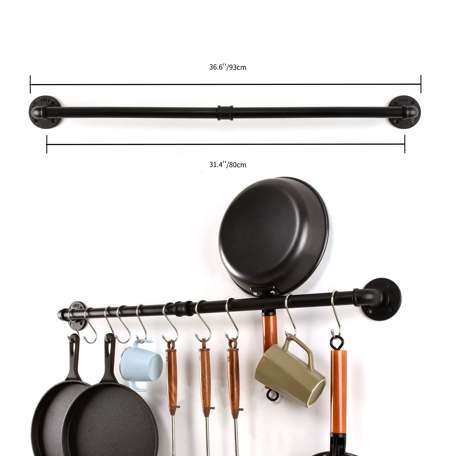 HOEMLIM Pipe Pot Pan Rack Wall Mounted Industrial Utensil Lid Holder Cookware Hanger Kitchen Organizer Hanging Bar Rail with S Hooks(36 inch,Black)