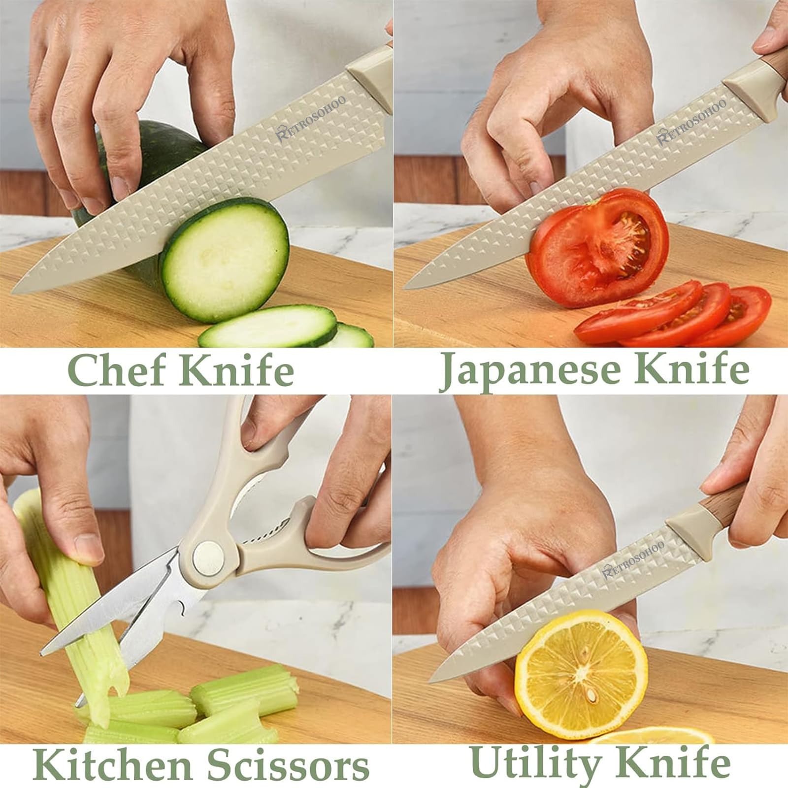 Kitchen Knife Set, Retrosohoo 5PC Yellow Stainless Steel Sharp Knife Set with Plastic Stand, Non-stick Chef Cooking Knife Set with Block for Cutting Slicing Chopping Paring (Yellow)