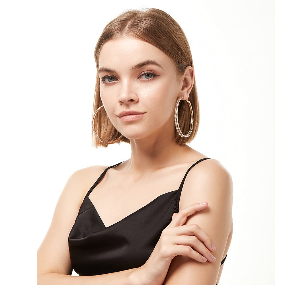 Extra Large Rhinestone Hoop Earrings – 2.67 Inch Oversized Big Huge Crystal Lightweight Hoop Earrings for Women (Gold)