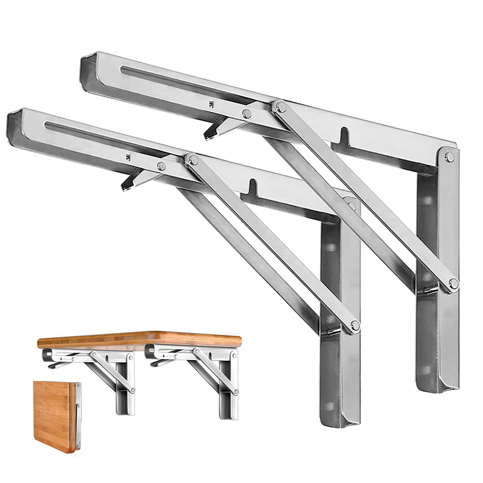 Folding Shelf Brackets - Heavy Duty Stainless Steel Collapsible Shelf Bracket for Bench Table, Space Saving DIY Bracket, Max Load: 550lb （Long :14” , 2 PCS）