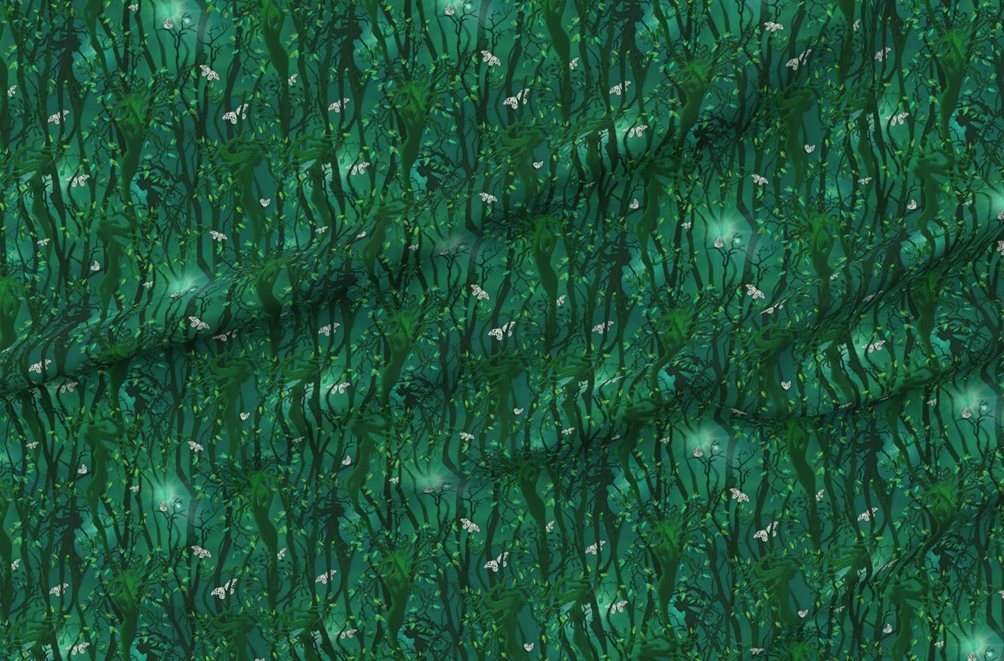 Spoonflower Fabric - Wood Green Leaves Butterflies Forest Trees Fantasy Emerald Vines Printed on Petal Signature Cotton Fabric by The Yard - Sewing Quilting Apparel Crafts Decor