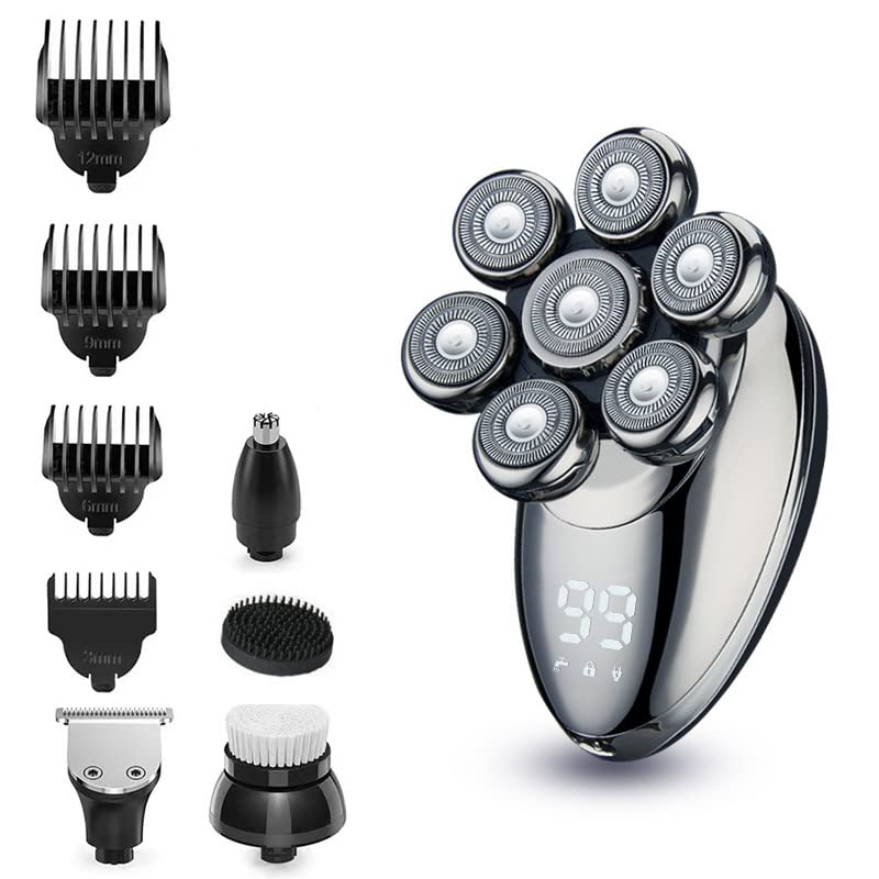 LXosff Electric Head Shaver for Bald Men, 5-in-1 Men's Electric Rotary Razor with 7D Floating Head, 100% Washable Wet & Dry Shaving with Grooming Kit, LED Display, USB Rechargeable Type-C Adapter.