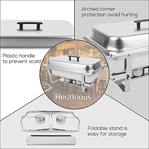 Restlrious 8 QT Chafing Dish Buffet Set 4 Packs Stainless Steel Foldable Rectangular Chafer Full Size w/Water Pan, Food Pan, Fuel Holder and Lid