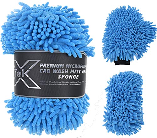 TeKX Premium Large Microfiber Chenille Car Wash Mitt and Car Wash Sponge Set (2 Pack), Washer Friendly, Soft and Scratch Free, Thumb Space Double Sided Mitt, Double Sided Sponge with Grip Band