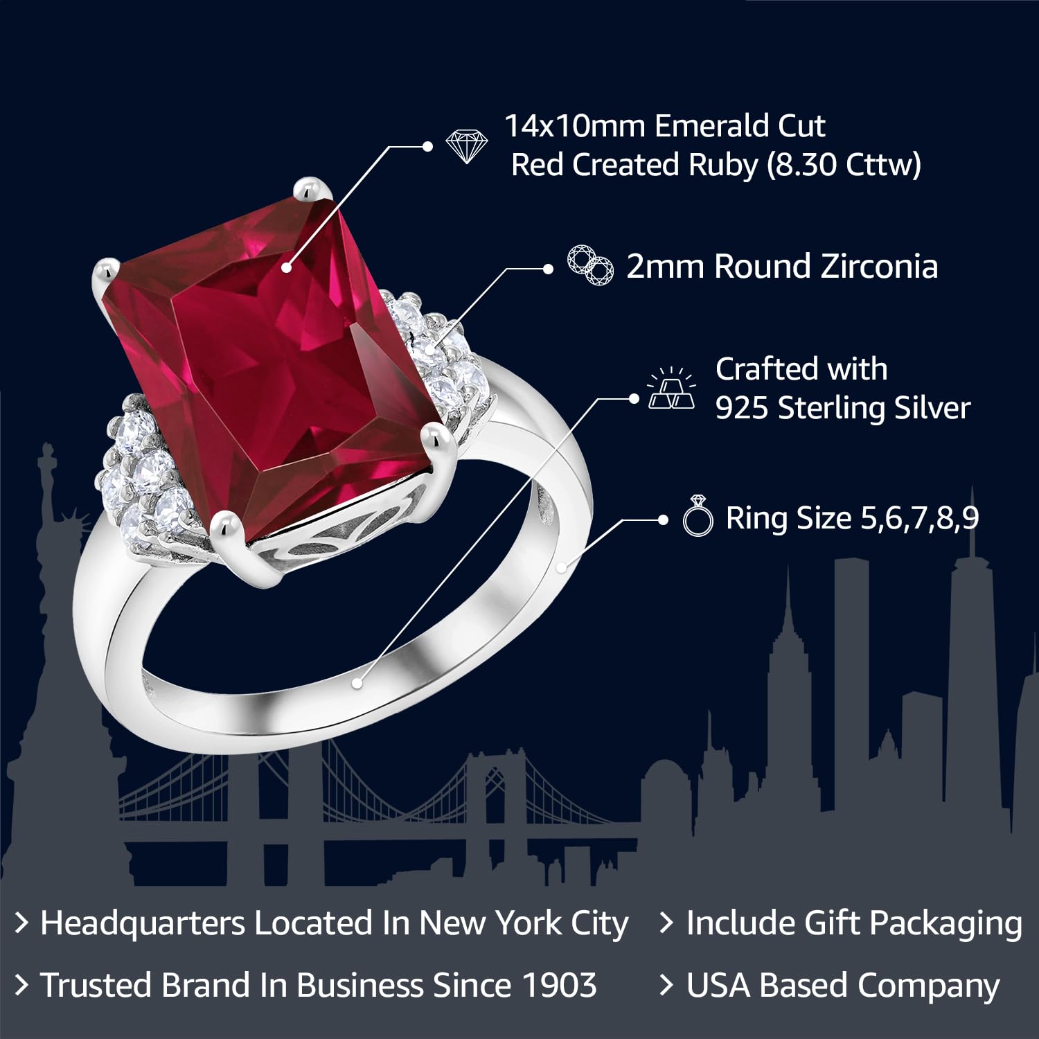 Gem Stone King 925 Sterling Silver Emerald Cut Gemstone Birthstone Engagement Ring | Emerald Cut 14X10MM | Wedding Anniversary Promise Ring For Women | Available In Size 5, 6, 7, 8, 9