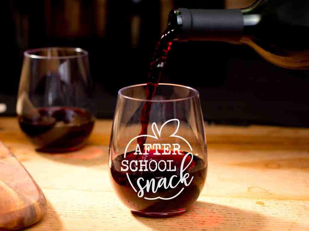 GSM Brands Stemless Wine Glass for Teachers (After School Snack) Made of Unbreakable Tritan Plastic and Dishwasher Safe - 16 ounces