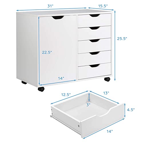Giantex Drawers Cabinet Mobile Lateral Filing Organizer with 5 Drawers,1 Side Cabinet and Wheels Mobile Chest for Home Office Storage Use Dresser (31βx 15.5β x 25.5β, White)