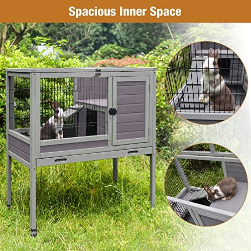 Rabbit Hutch Indoor, Bunny Cage Pet House for Small Animals Guinea Pig Cage on Wheels - Removable Wire Mesh