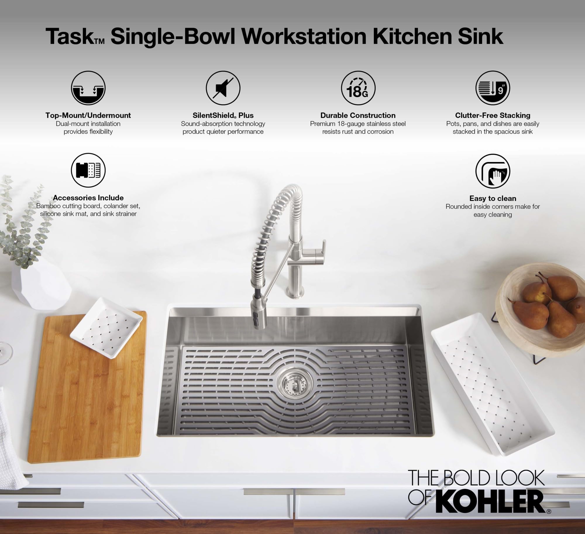 KOHLER Task Kitchen Sink, Stainless Steel Dual Mount Single Bowl, 33" Workstation Sink, 1 hole faucet, K-80084-1PC-NA